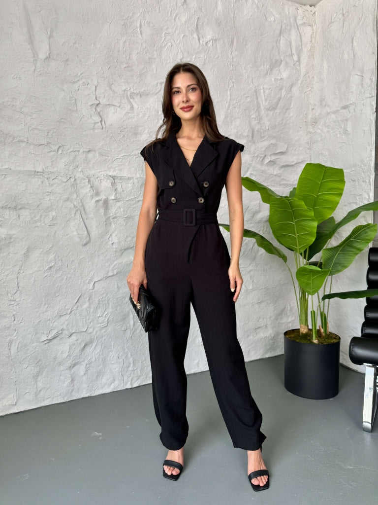 Siyah Dört Düğmeli Keten Tulum – Elif Özbey Butik